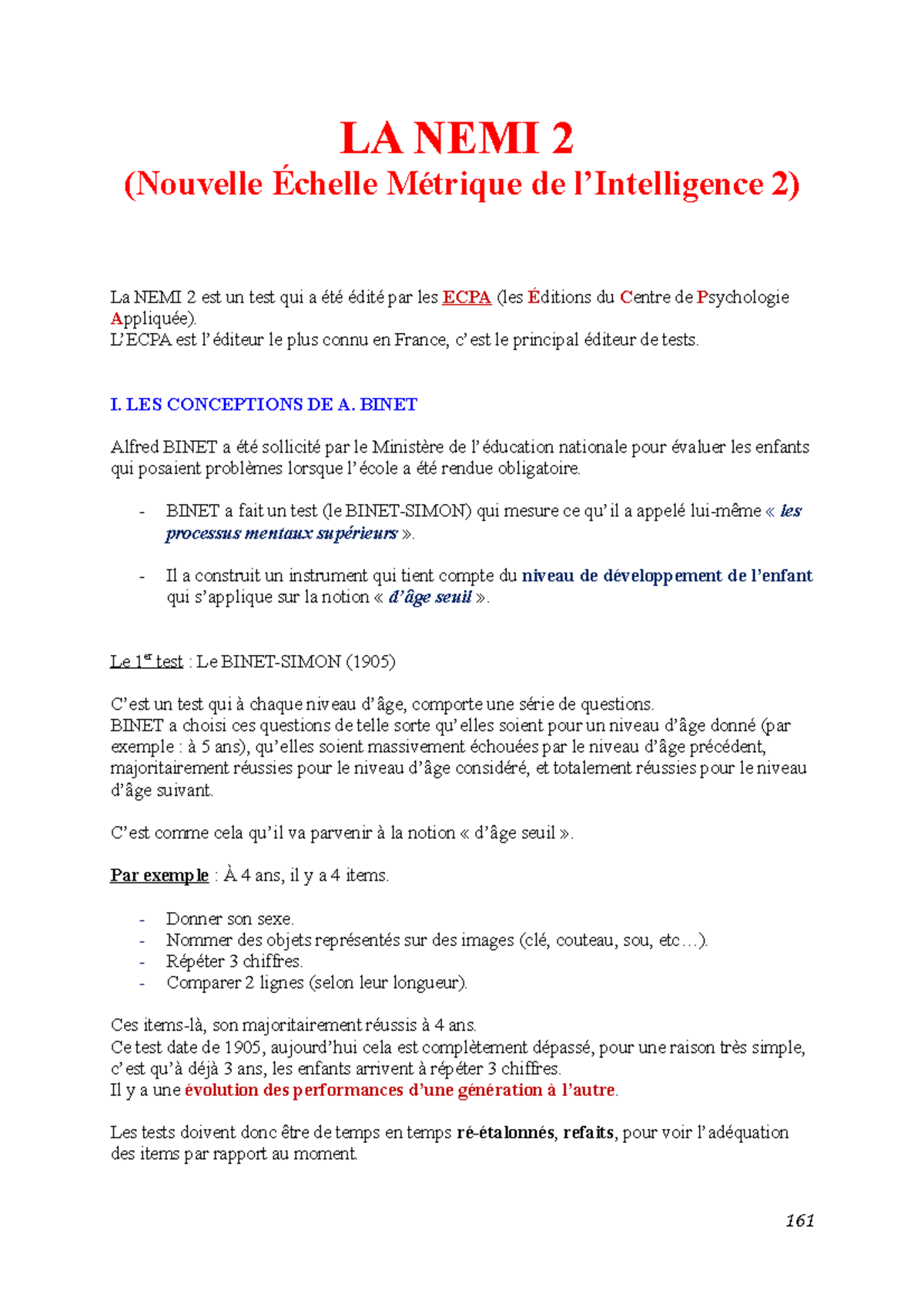 LA NEMI 2 - cours - LA NEMI 2 (Nouvelle Échelle Métrique de l’Intelligence 2) La NEMI 2 est un ...