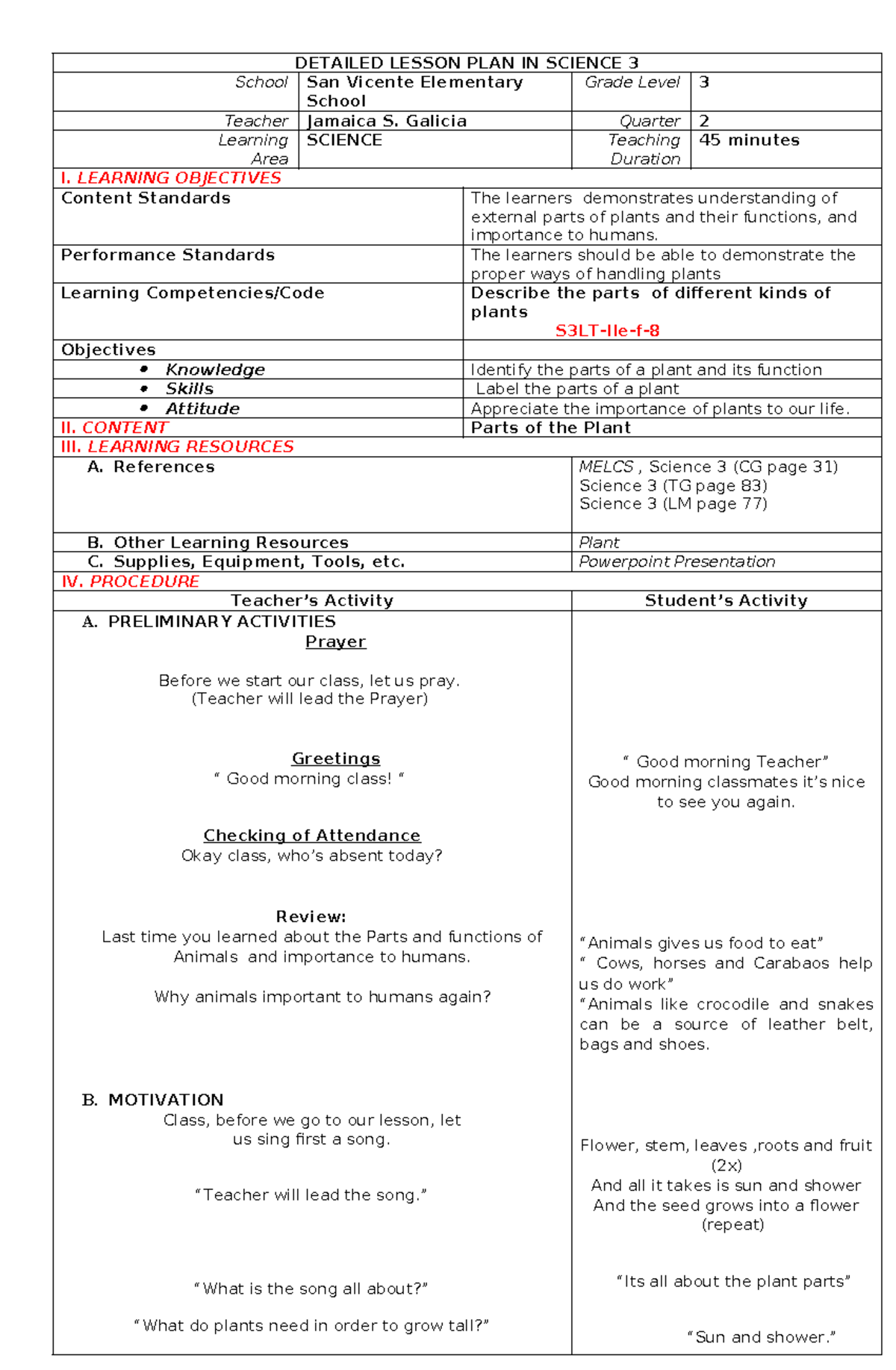 Lesson PLAN - DETAILED LESSON PLAN IN SCIENCE 3 School San Vicente ...