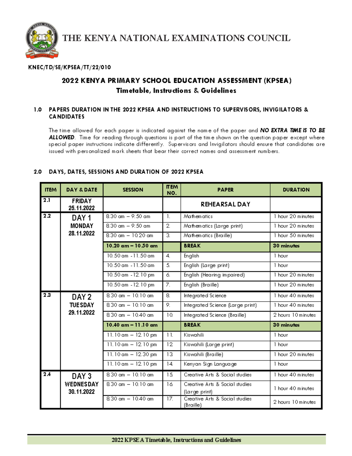 2022 Kpsea Timetable Final 1 - 2022 KPSEA Timetable, Instructions and ...
