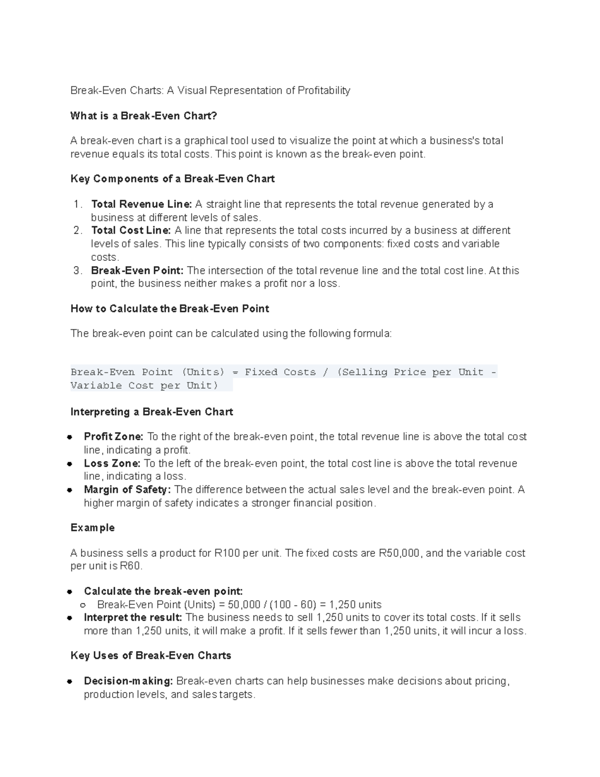 Break Even Charts Break Even Charts A Visual Representation Of Profitability What Is A Break