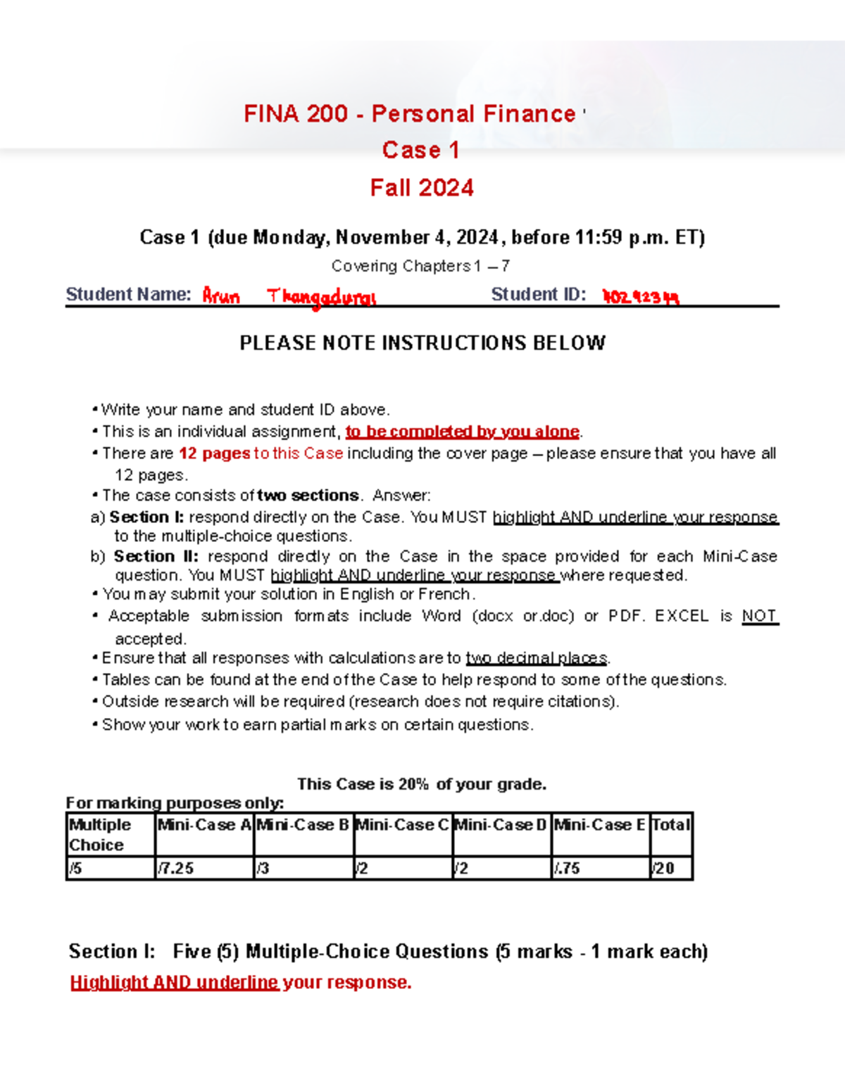 Case 1 Fall 2024 - Case study 1 - FINA 200 - Personal Finance © Case 1 ...