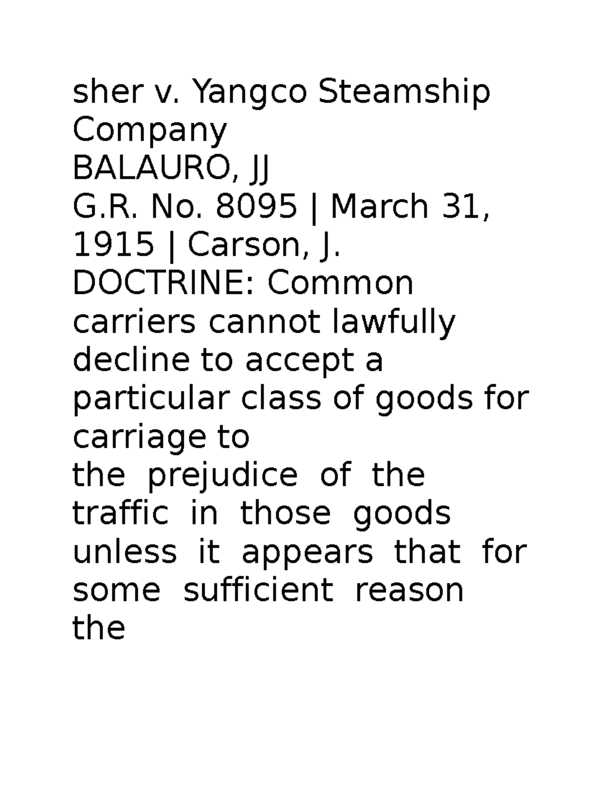 Fisher v. yangco - transportation case digest - sher v. Yangco ...