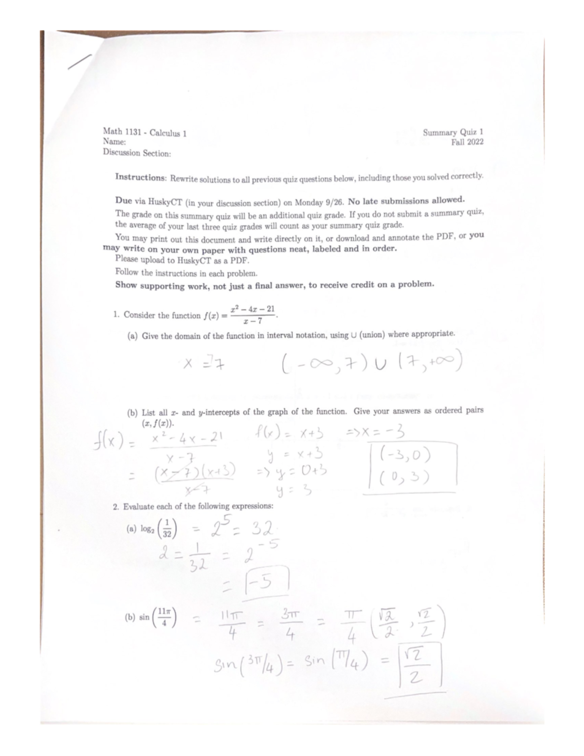 Summary Quiz 1 - Answer key summaries quiz 1 of Calc 1 Uconn. - Math ...