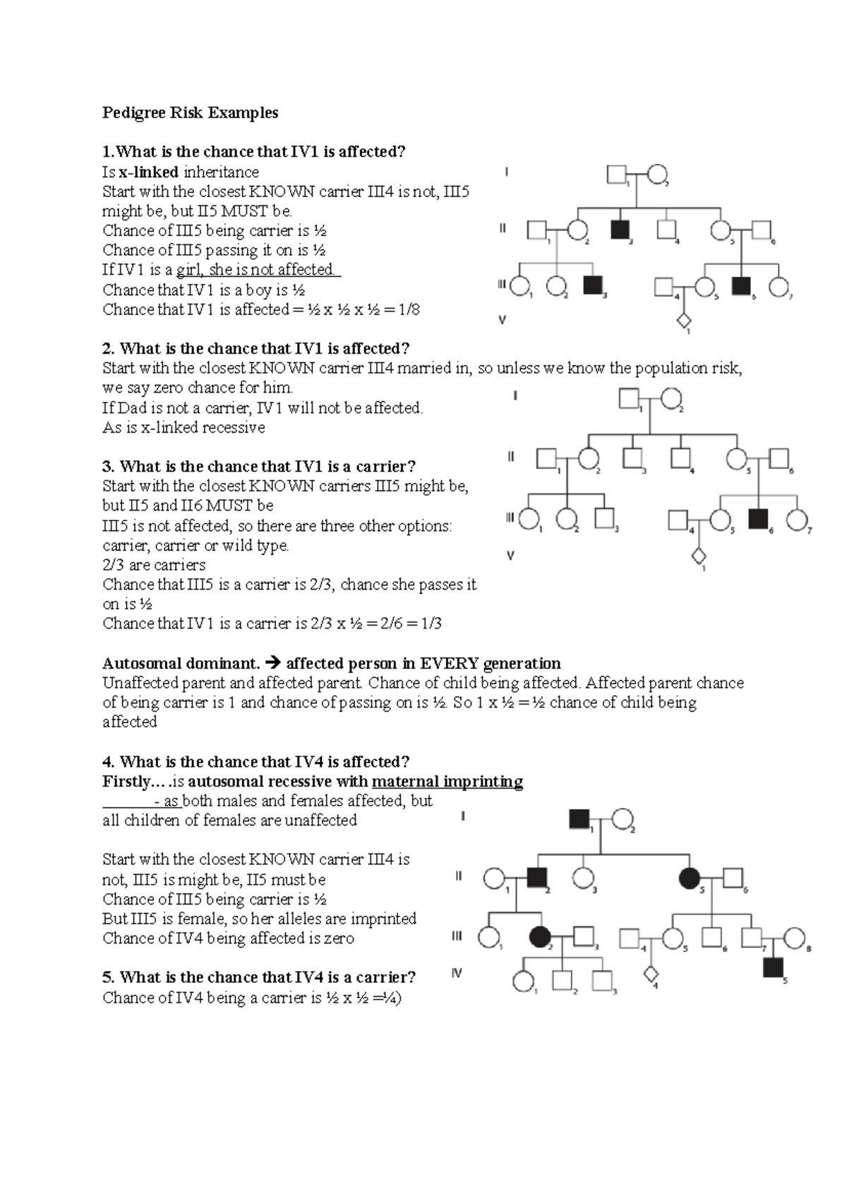 Pedigree Risk Examples - Chance of III5 being carrier is ½ Chance of ...