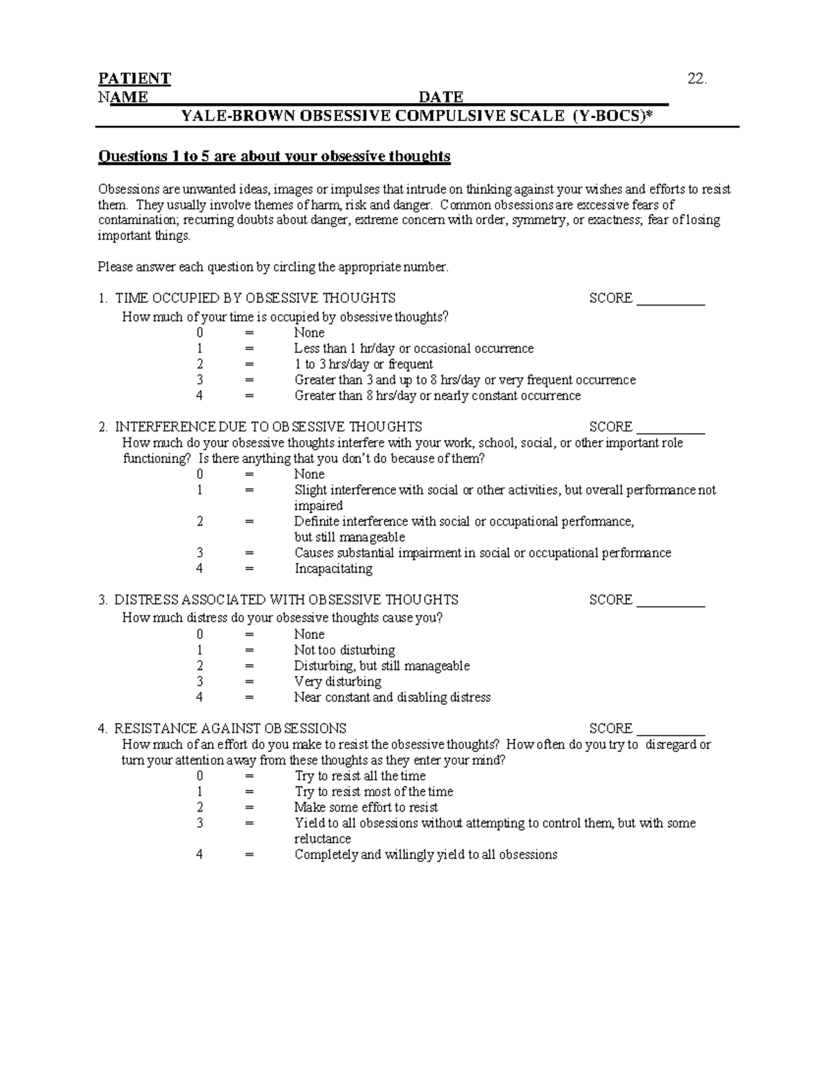 Yale BOCS w Checklist - PATIENT 22. N - Studocu