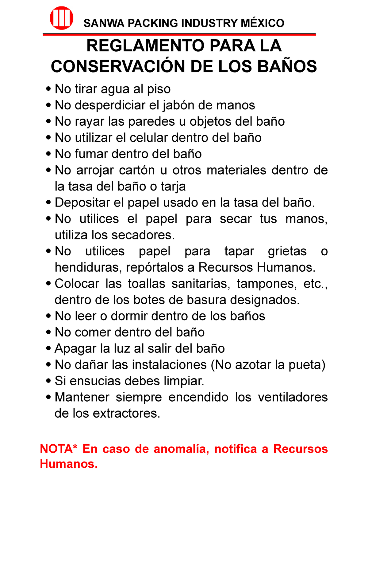 Reglamento uso de baño - SANWA PACKING INDUSTRY MÉXICO REGLAMENTO PARA ...