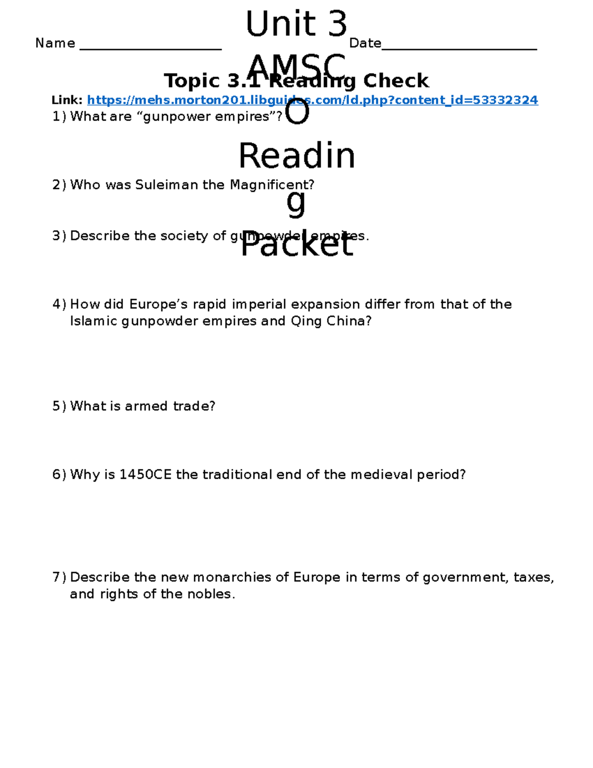 Unit 3 Amsco Reading Packet - Name _____________________ Date ...