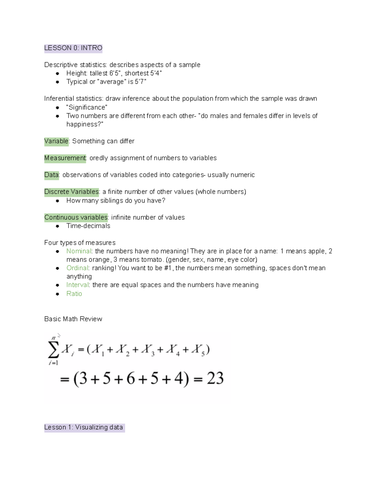 Psych 210 Notes - LESSON 0: INTRO Descriptive statistics: describes ...