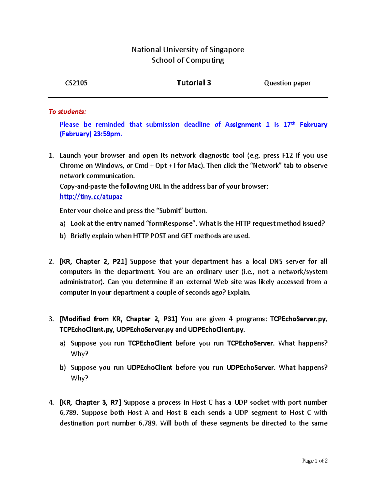 Tutorial 3 - ccccc - Page 1 of 2 National University of Singapore School of Computing CS2105 ...