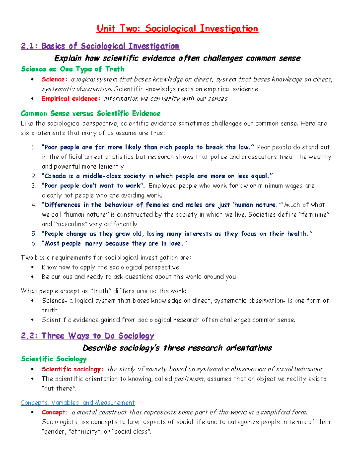 Unit Two - notes - Unit Two: Sociological Investigation 2: Basics of ...