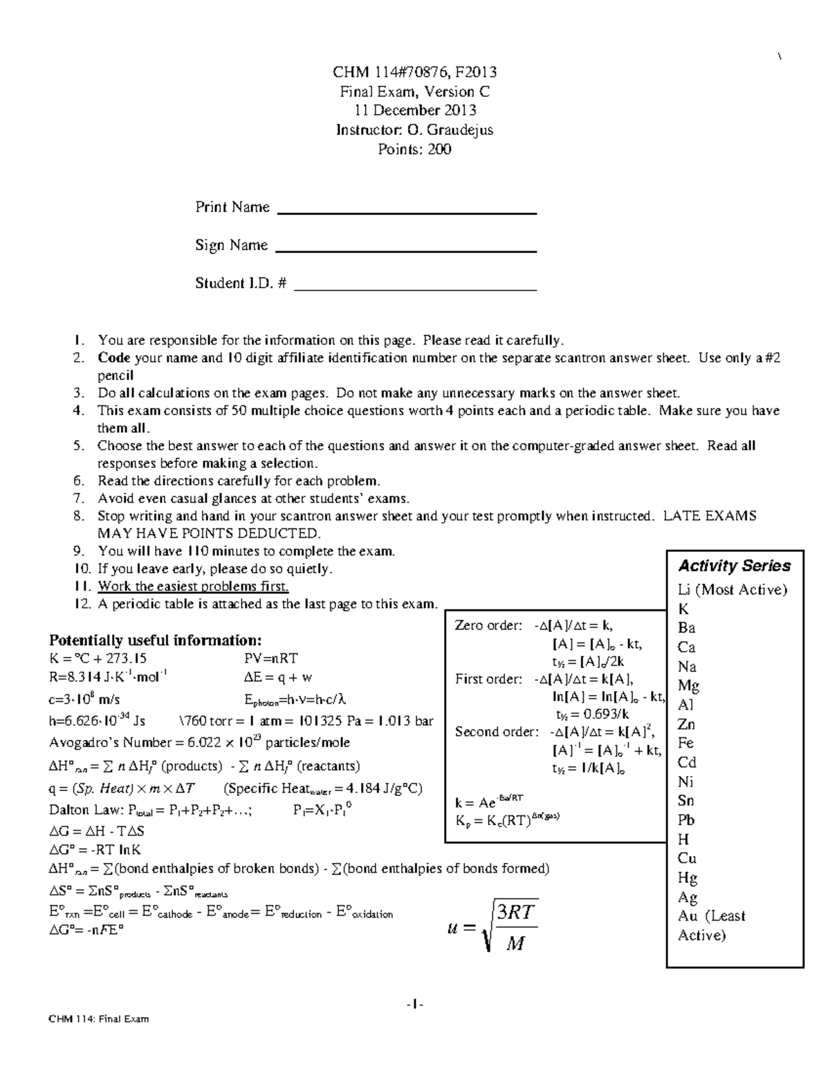 Chem paper 4 - \ -1- CHM 114#70876, F Final Exam, Version C 11 December ...