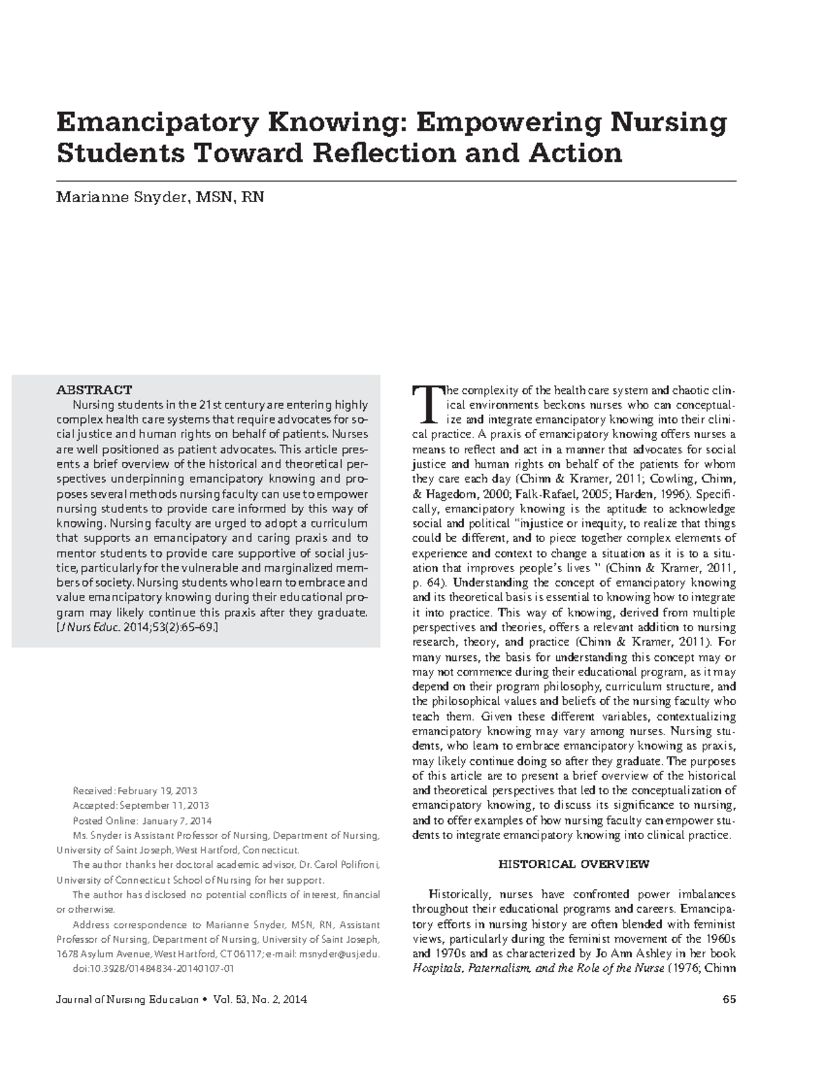Snyder, 2014 - nse112 reading - Emancipatory Knowing: Empowering ...