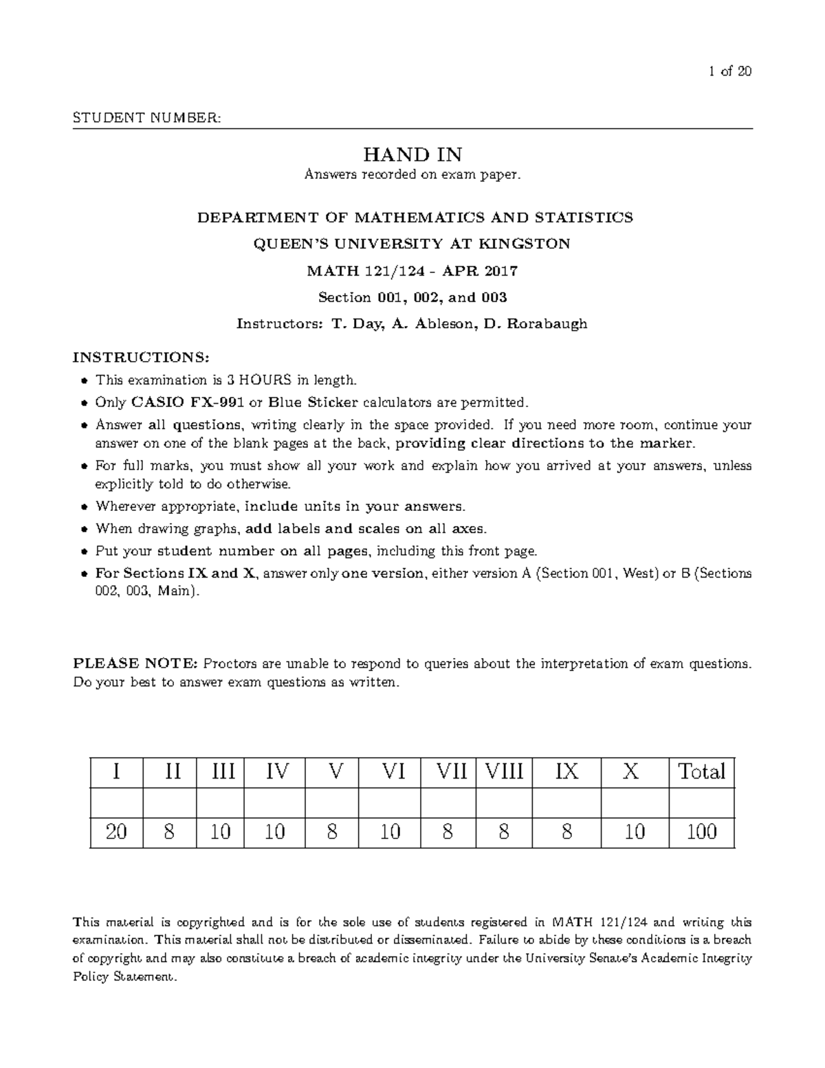 Sample/practice exam 2017, questions - STUDENT NUMBER: HAND IN Answers ...