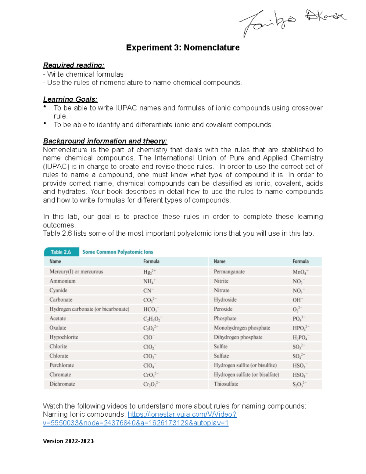 Experiment 3- Nomenclature - Experiment 3: Nomenclature Required reading: - Write chemical ...