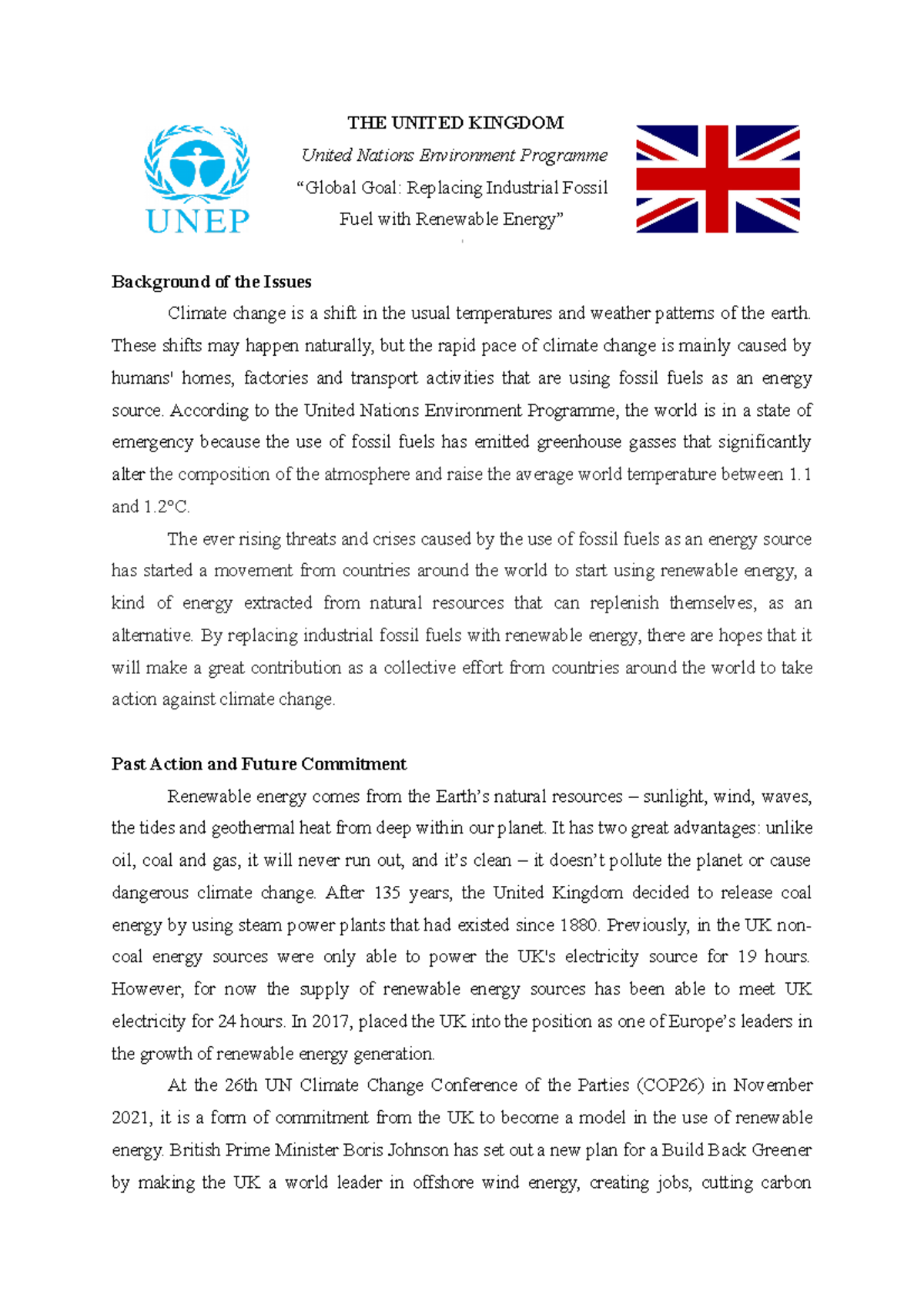Position Paper - UK, UNEP, Global Goal Replacing Industrial Fossil Fuel ...