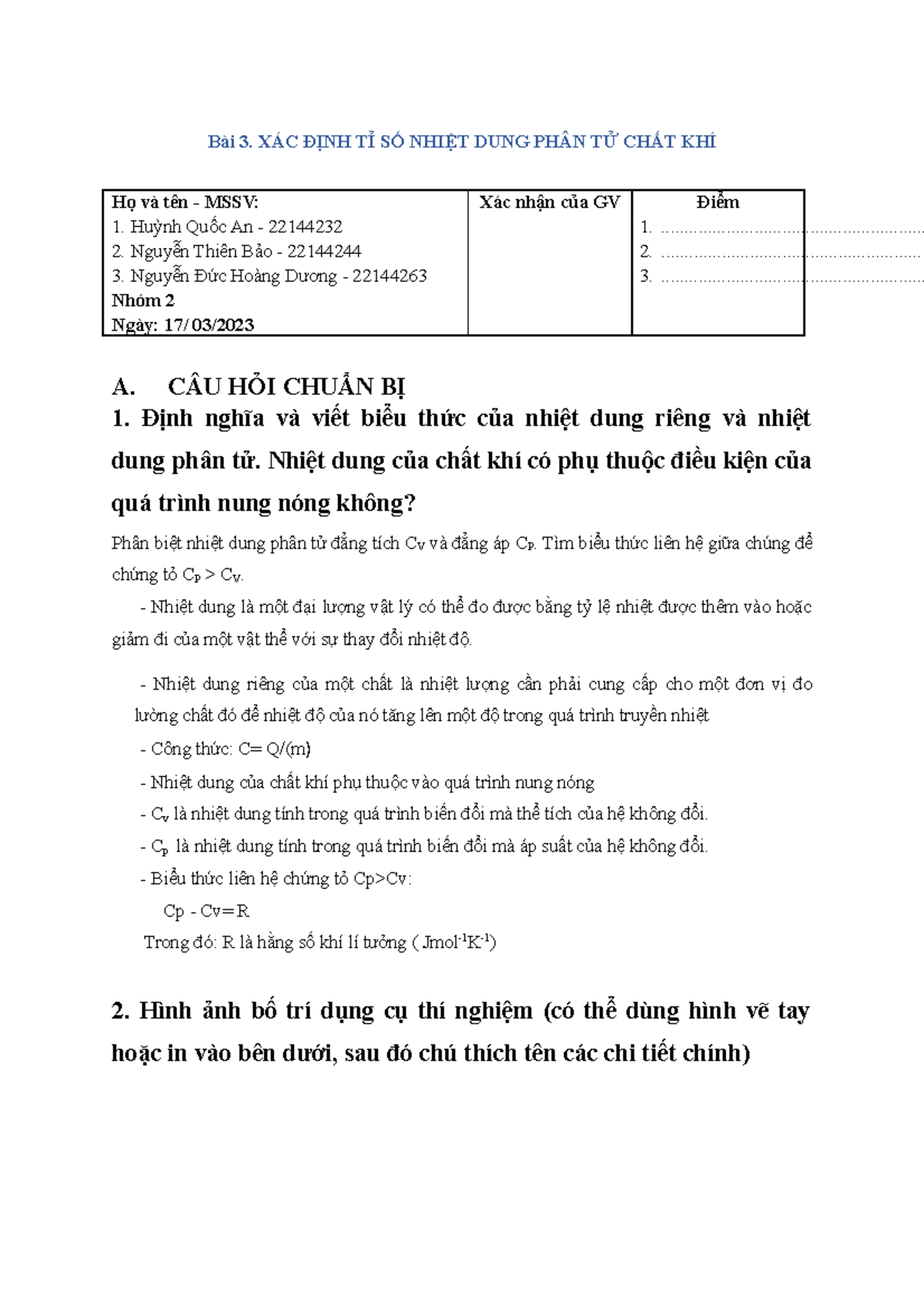 Bài 3 - Nhiệt dung phân tử khí - Bài 3. XÁC ĐỊNH TỈ SỐ NHIỆT DUNG PHÂN ...