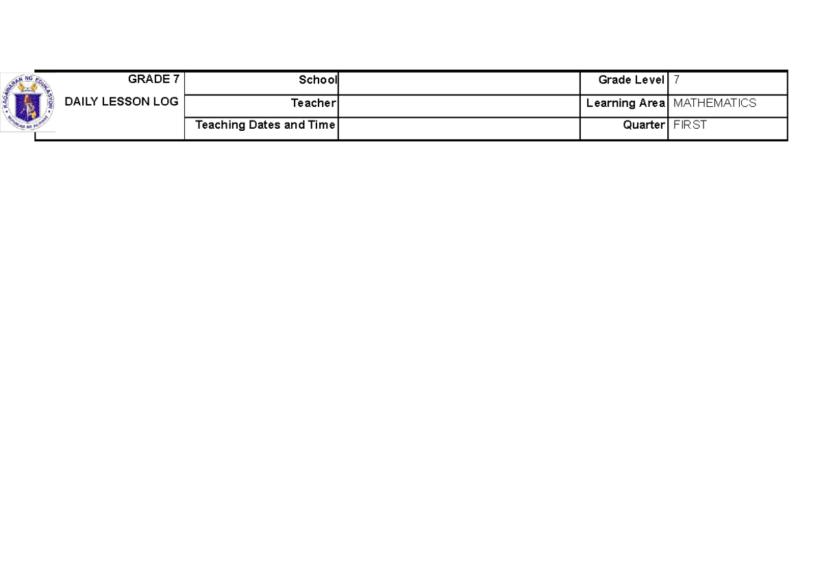 WEEK 1 - DAILY Lesson Log in Math 10 - GRADE 7 DAILY LESSON LOG School ...