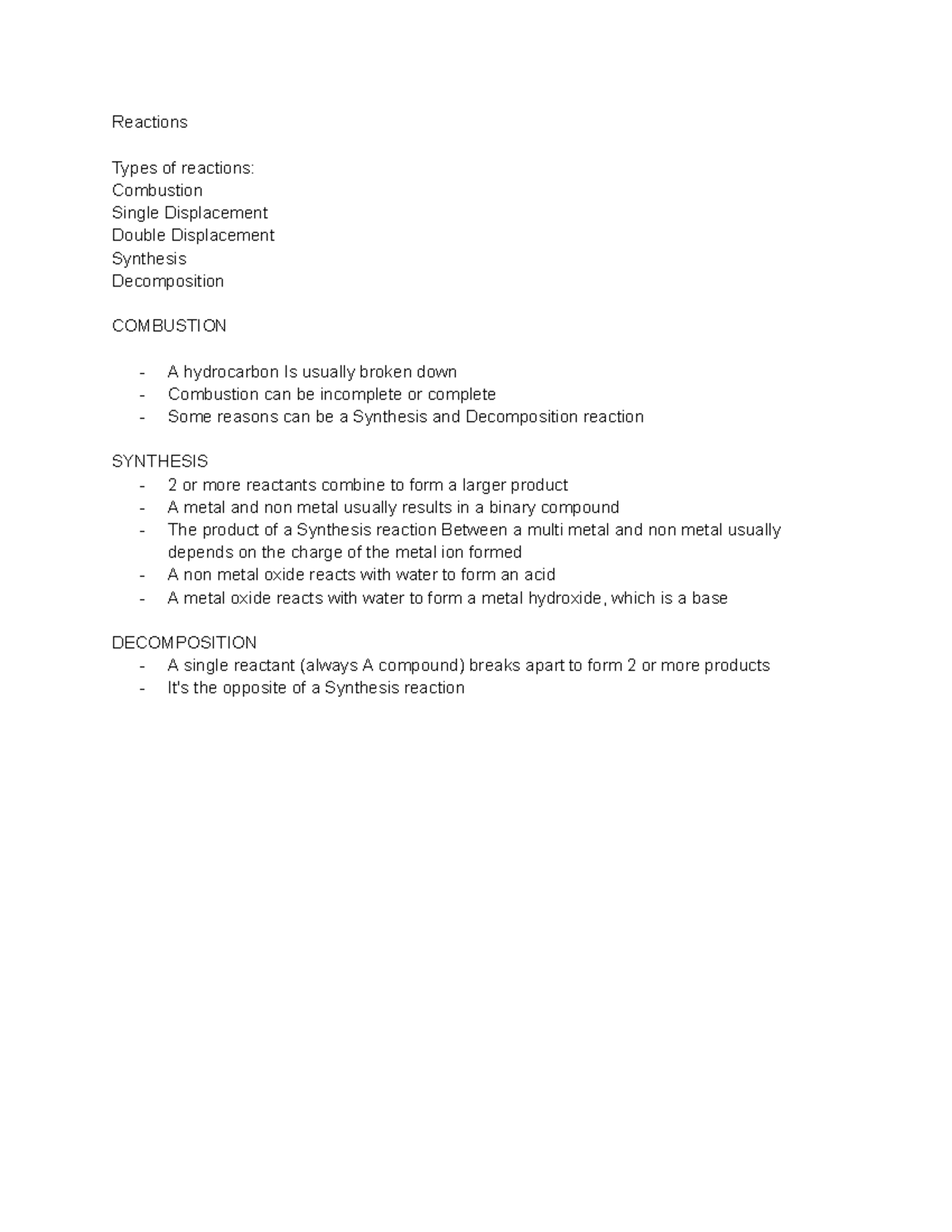 Chemical reactions - Reactions Types of reactions: Combustion Single ...