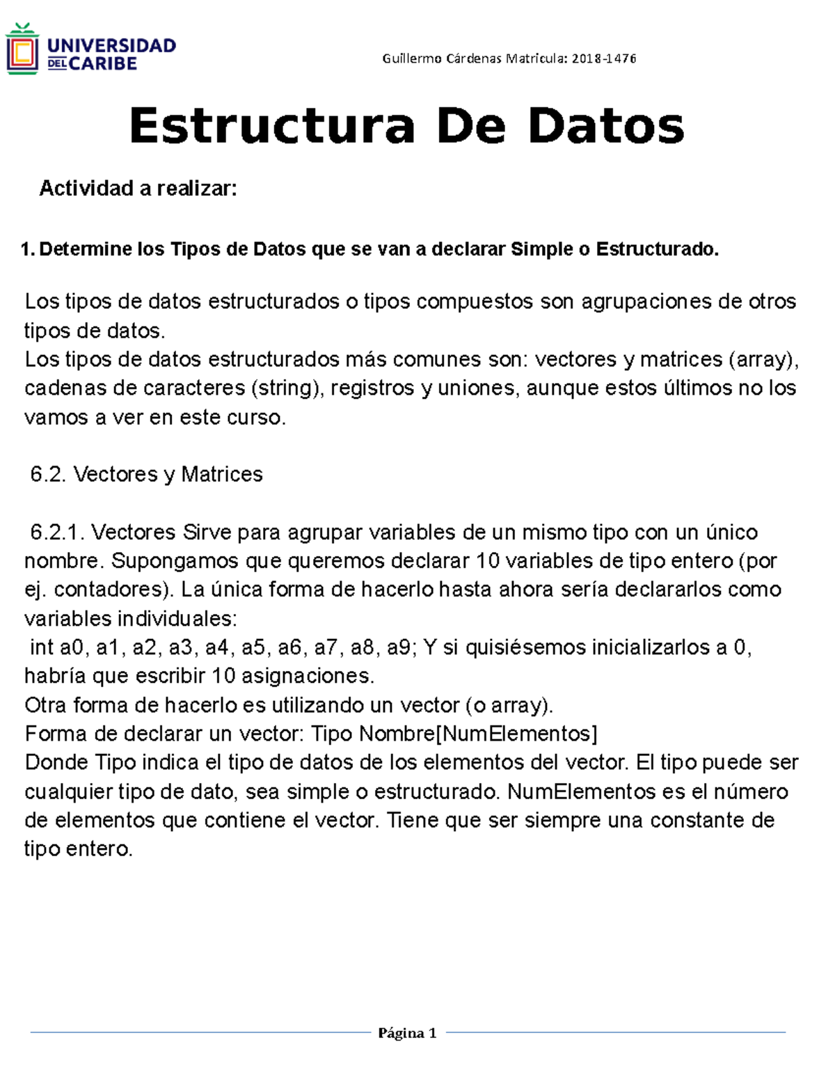 Estructura De Datos-Tipos de datos 1 - Guillermo Cárdenas Matricula ...