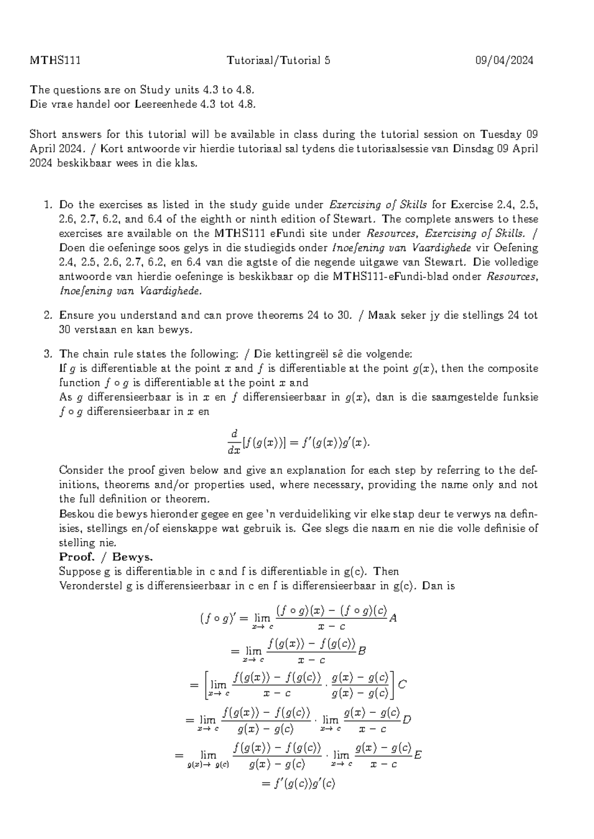 MTHS111 tutorial 5 2024 - MTHS111 Tutoriaal/Tutorial 5 09/04/ The ...