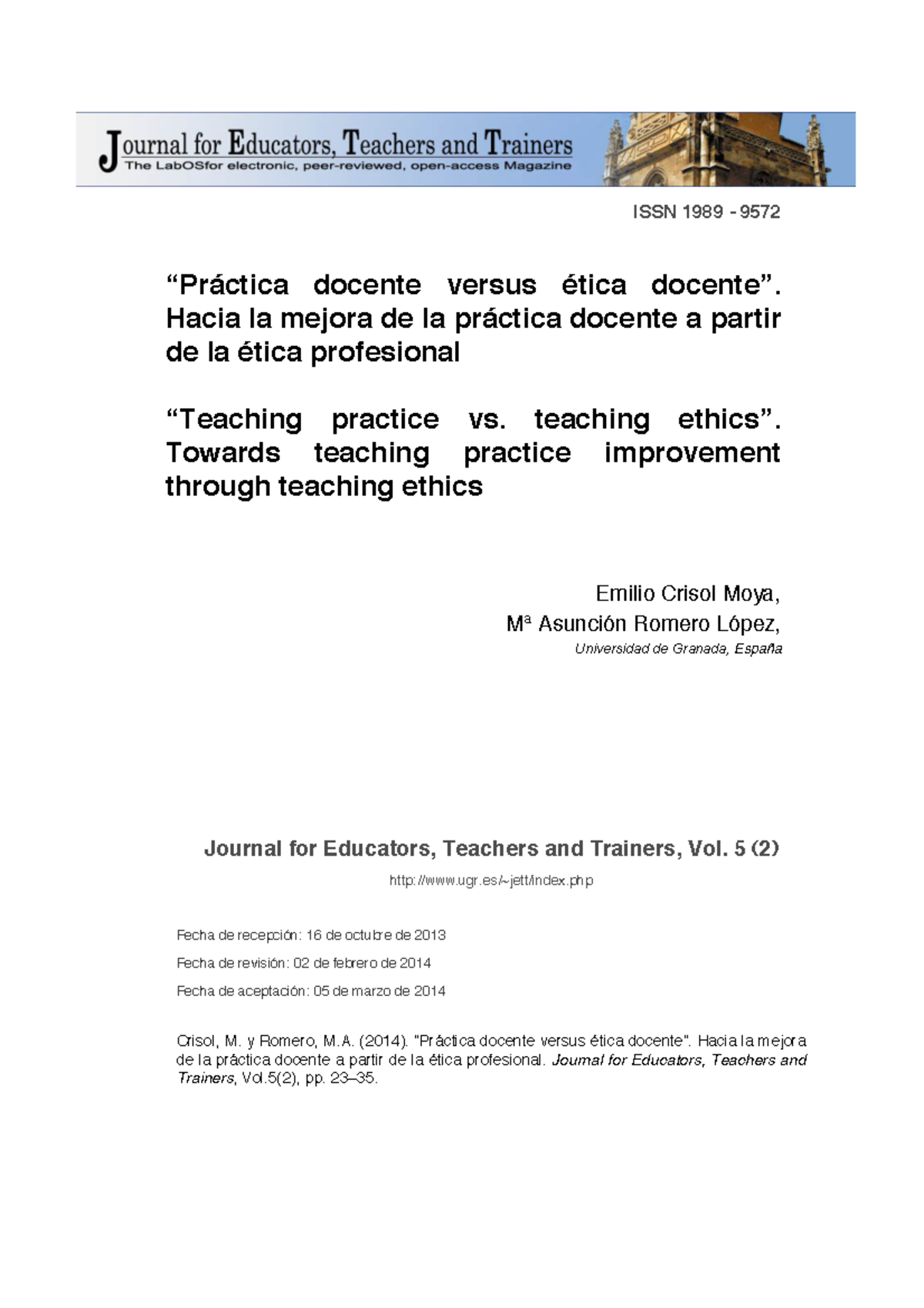 Semana 14 - ARTICULO CIENTIFICO - ISSN 1989 - 9572 “Práctica docente versus ética docente ...
