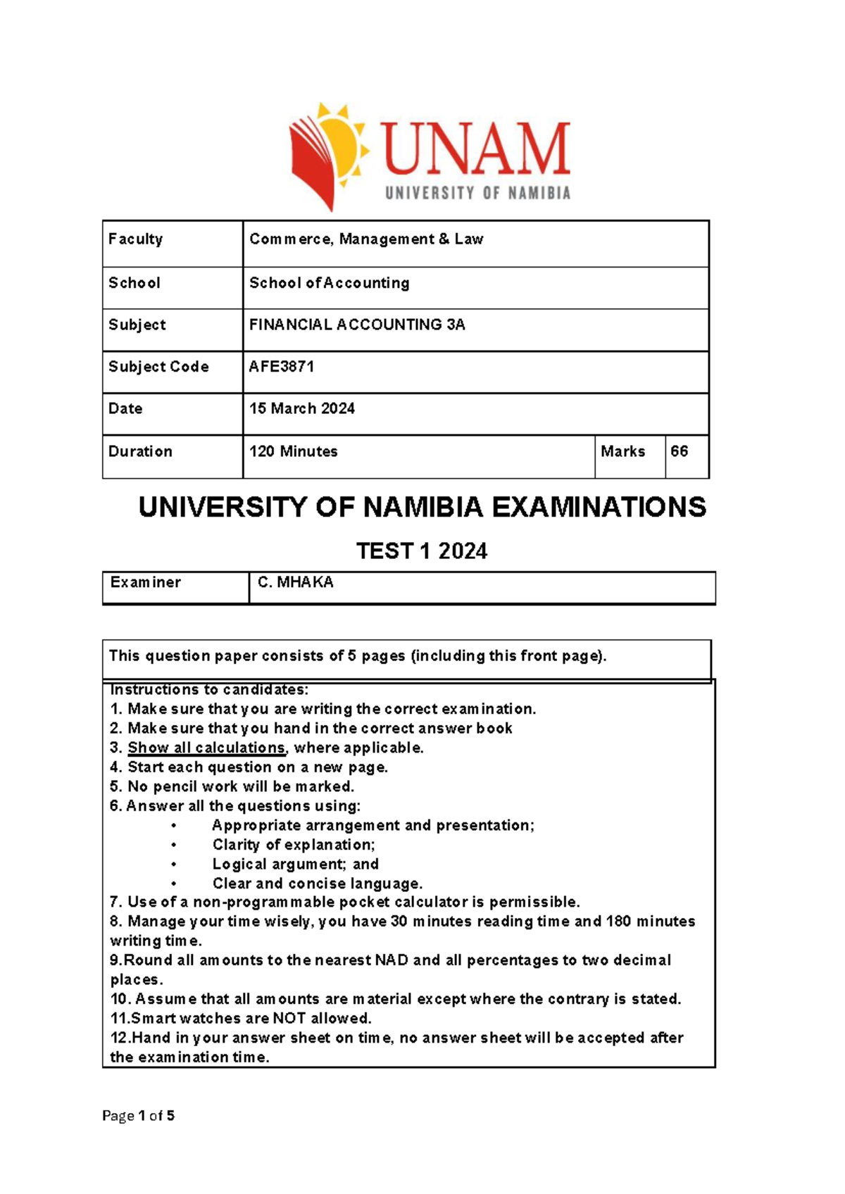 31.03.2024 tutorial question - UNIVERSITY OF NAMIBIA EXAMINATIONS TEST ...