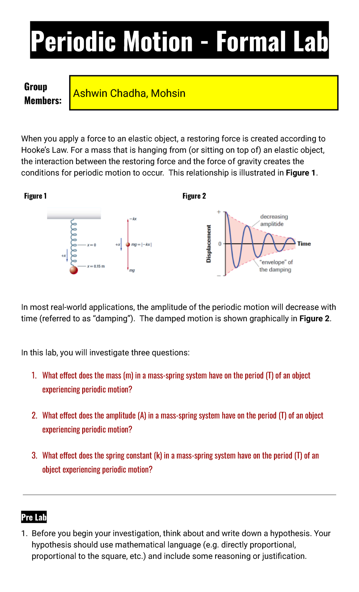Periodic Motion Formal Lab - Periodic Motion - Formal Lab Group Members ...
