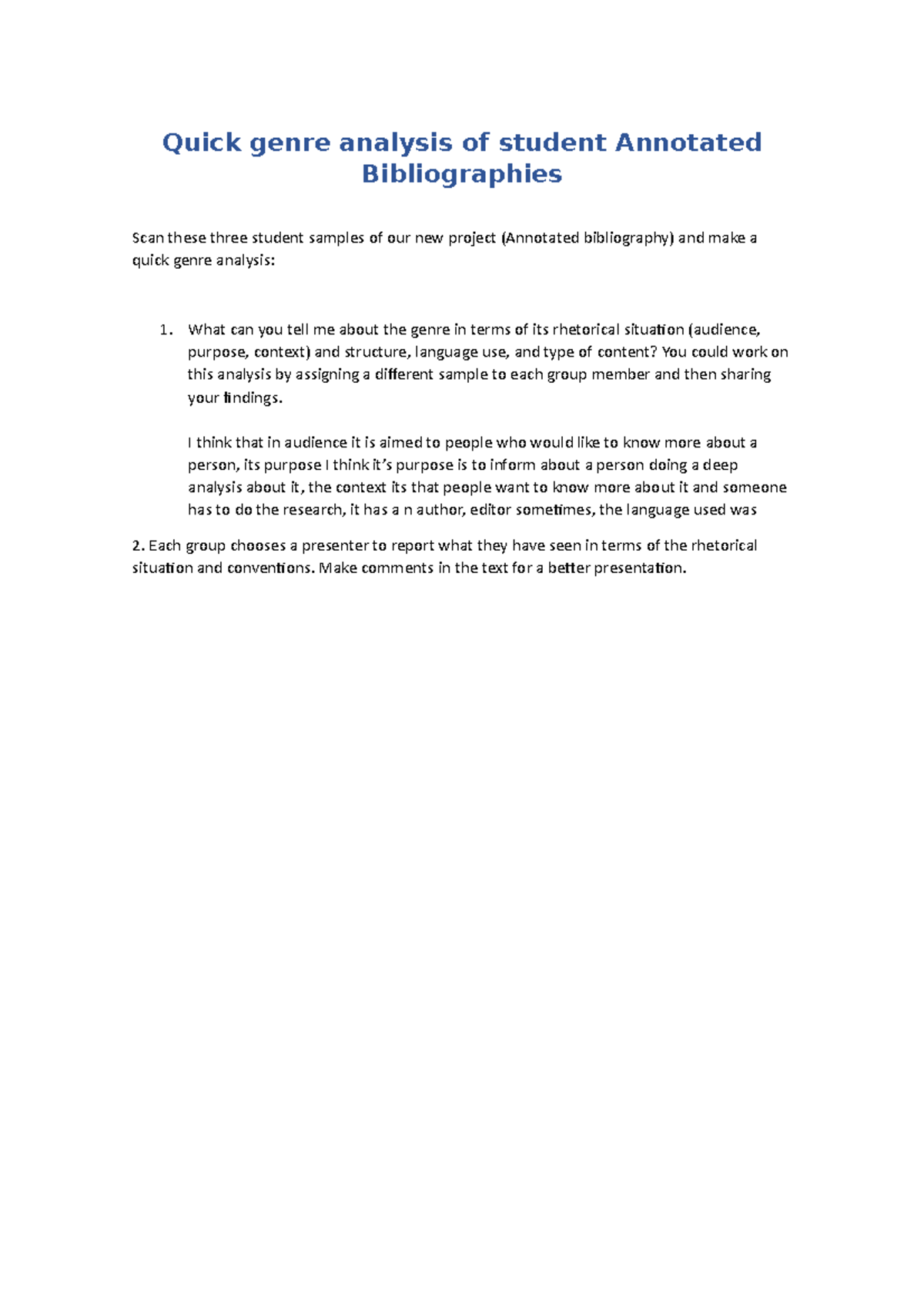 Week 10 In-class activity Quick genre analysis of student Annotated ...