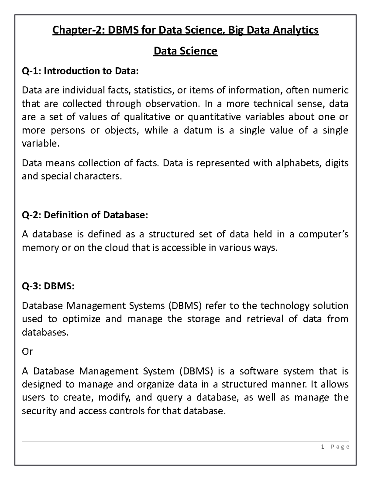 DF Chp-2 - Digital Fluency - Chapter-2: DBMS for Data Science, Big Data Analytics Data Science Q ...