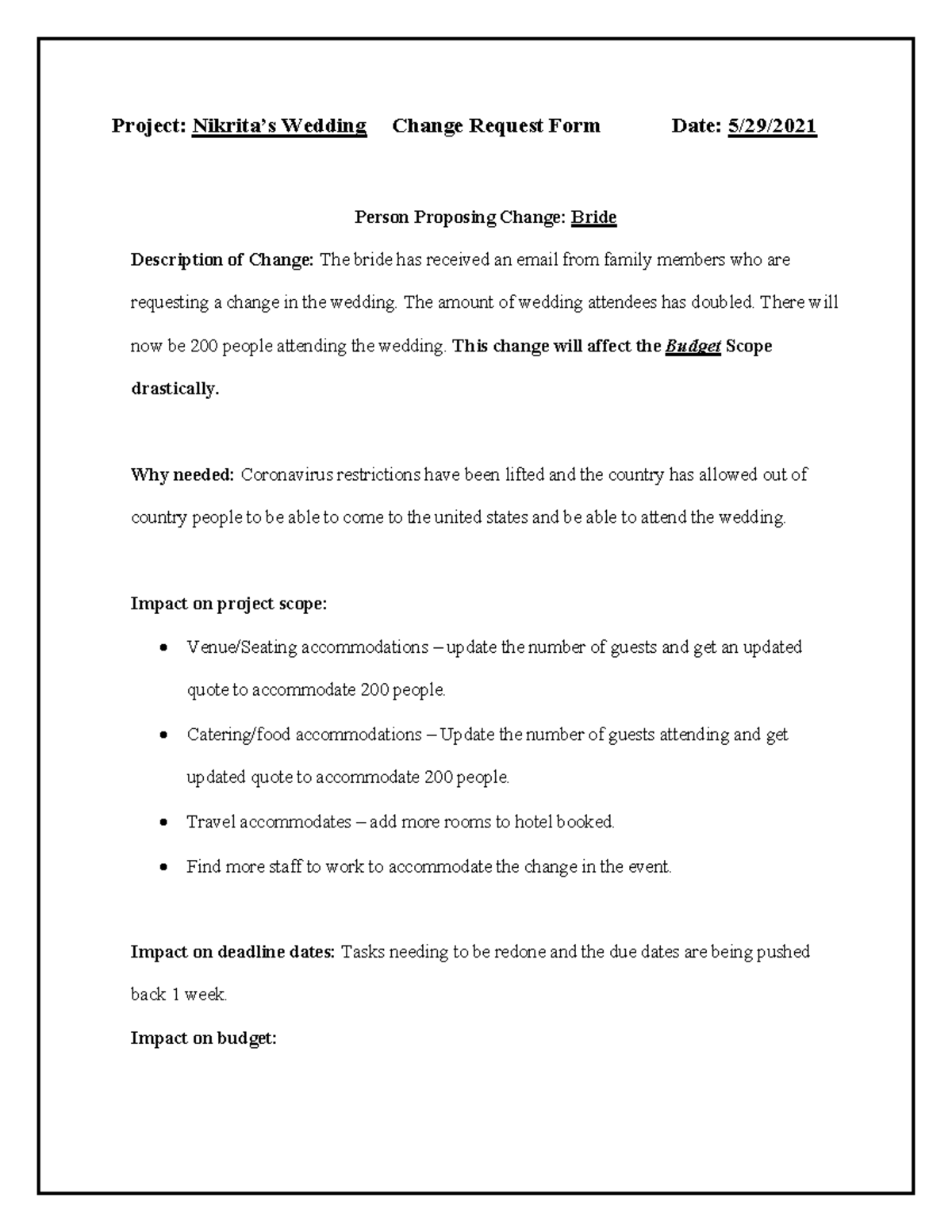 Project Change Request - Project: Nikrita’s Wedding Change Request Form ...