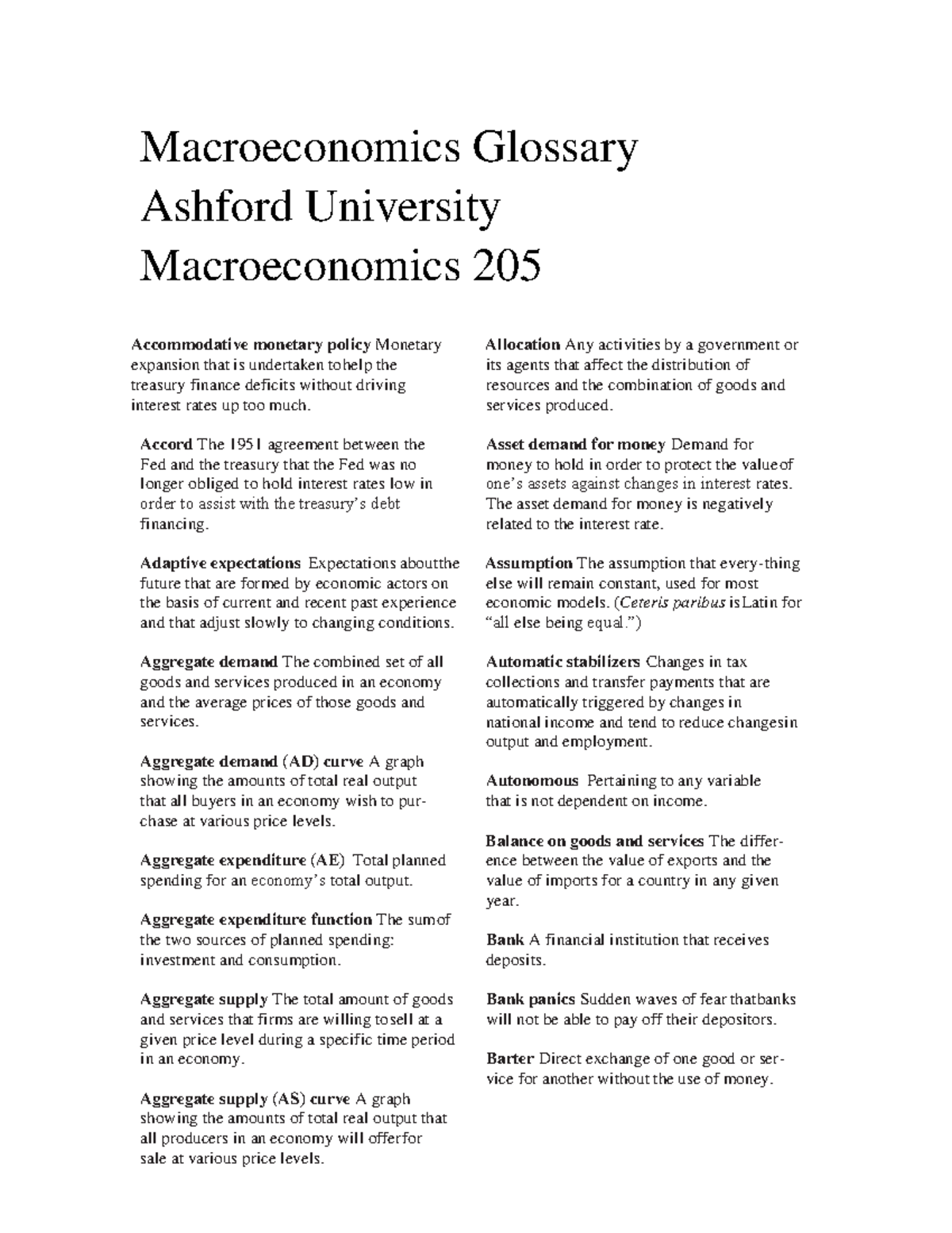 Macroeconomics Glossary - Macroeconomics Glossary Ashford University ...