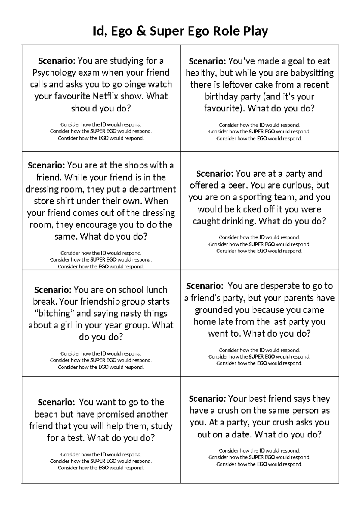 2 Id, Ego, Super Ego Role Play - Id, Ego & Super Ego Role Play Scenario ...