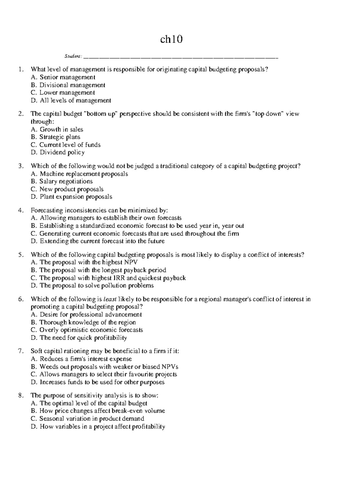 Ch10 - test bank - ch Student: - Studocu