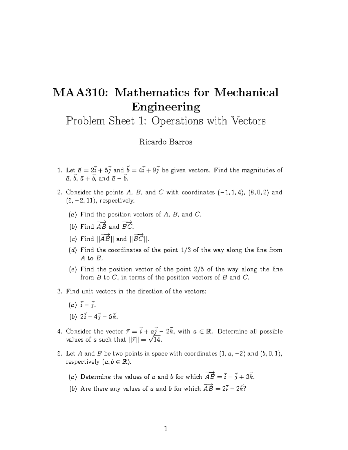 Vector operations - Practice problems for a tutorial - MAA310: Mathematics for Mechanical - Studocu