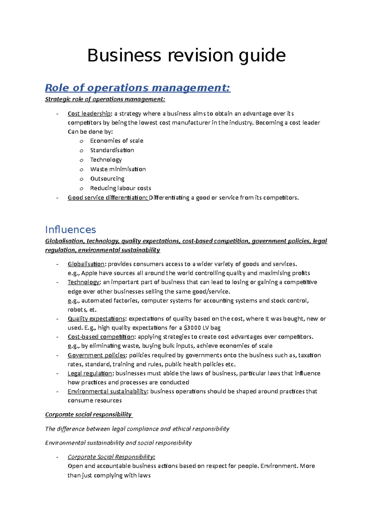 Business Studies Stage 6 | Operations management | Revision guide/Study ...