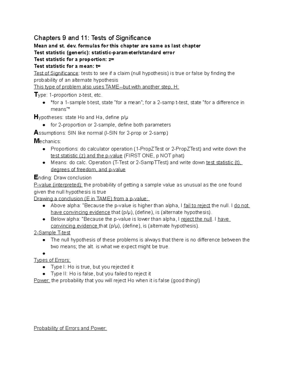 Chapters 9 and 11 Tests of Significance - Chapters 9 and 11: Tests of ...