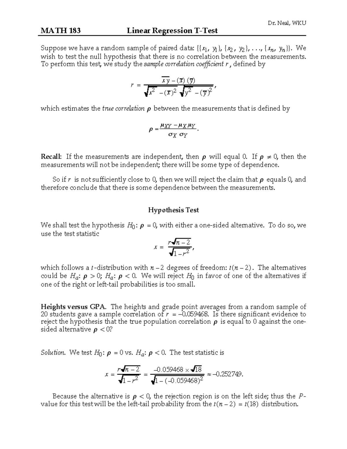 Lin Reg TTest - Lecture notes N/a - Dr. Neal, WKU MATH 183 Linear ...