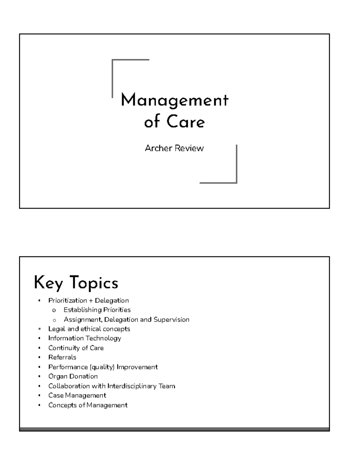 Management of Care - bsn - Management of Care Archer Review Key Topics ...