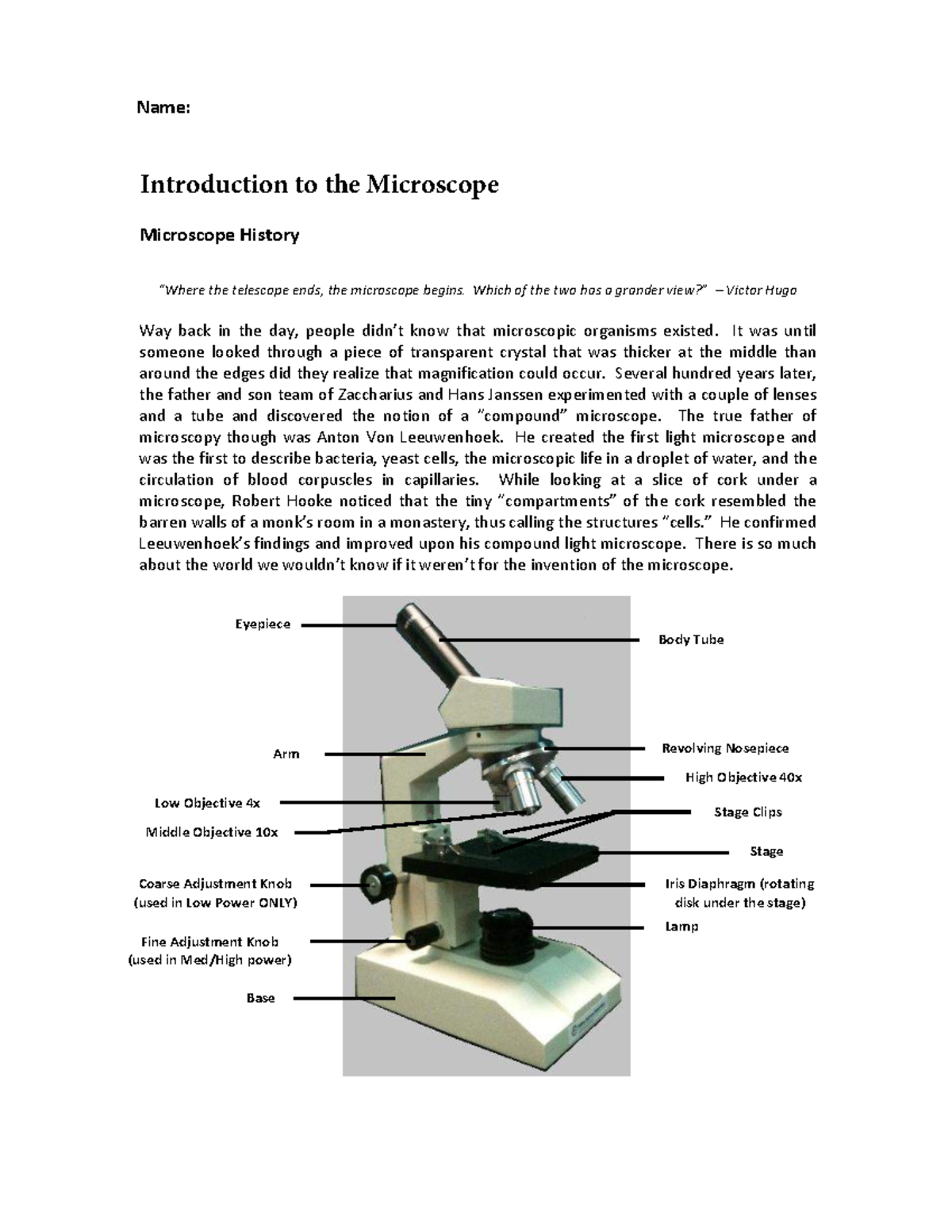 MIcrocope Lab - Micrscope Body Parts - Name: Introduction to the ...