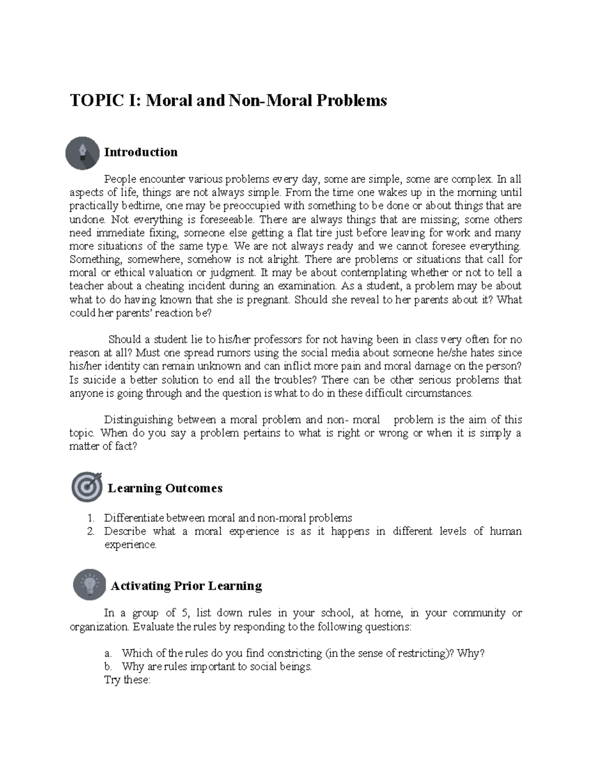 Topic-I-ethics - Topic 1 - TOPIC I: Moral and Non-Moral Problems ...