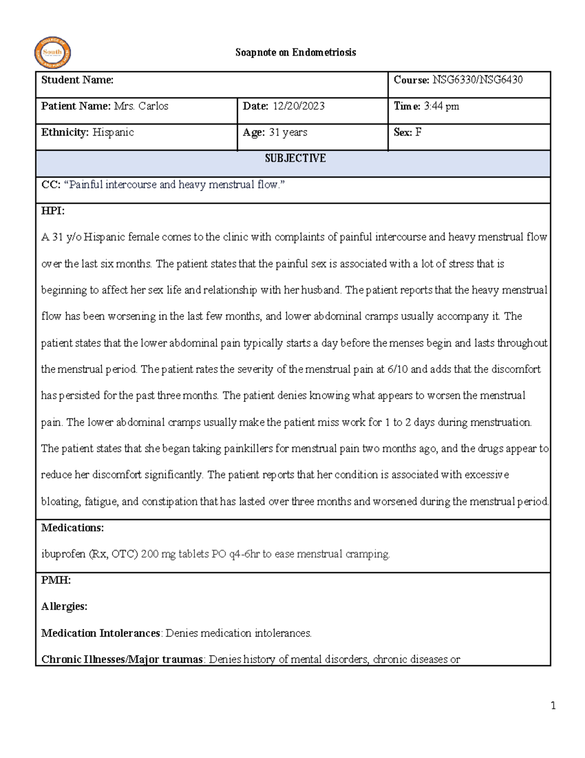Soapnote on Endometriosis - Soapnote on Endometriosis Student Name ...
