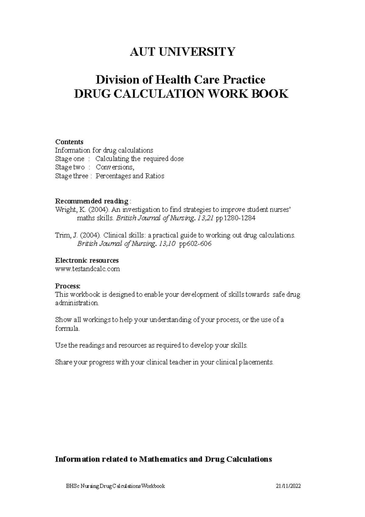 Drug Calculation Workbook July 2017 - AUT UNIVERSITY Division of Health ...