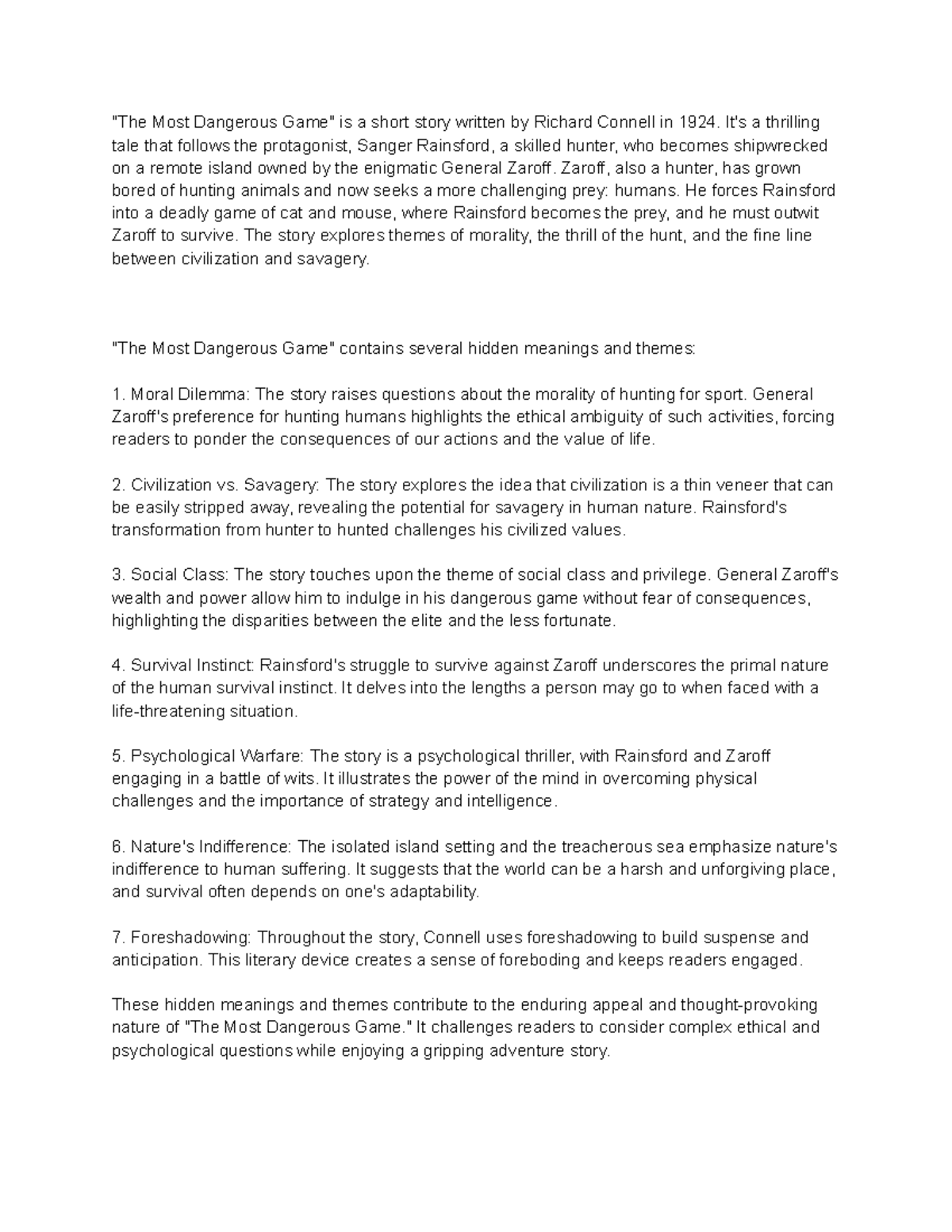 Notes Chapter 1 Perrine - "The Most Dangerous Game" is a short story ...