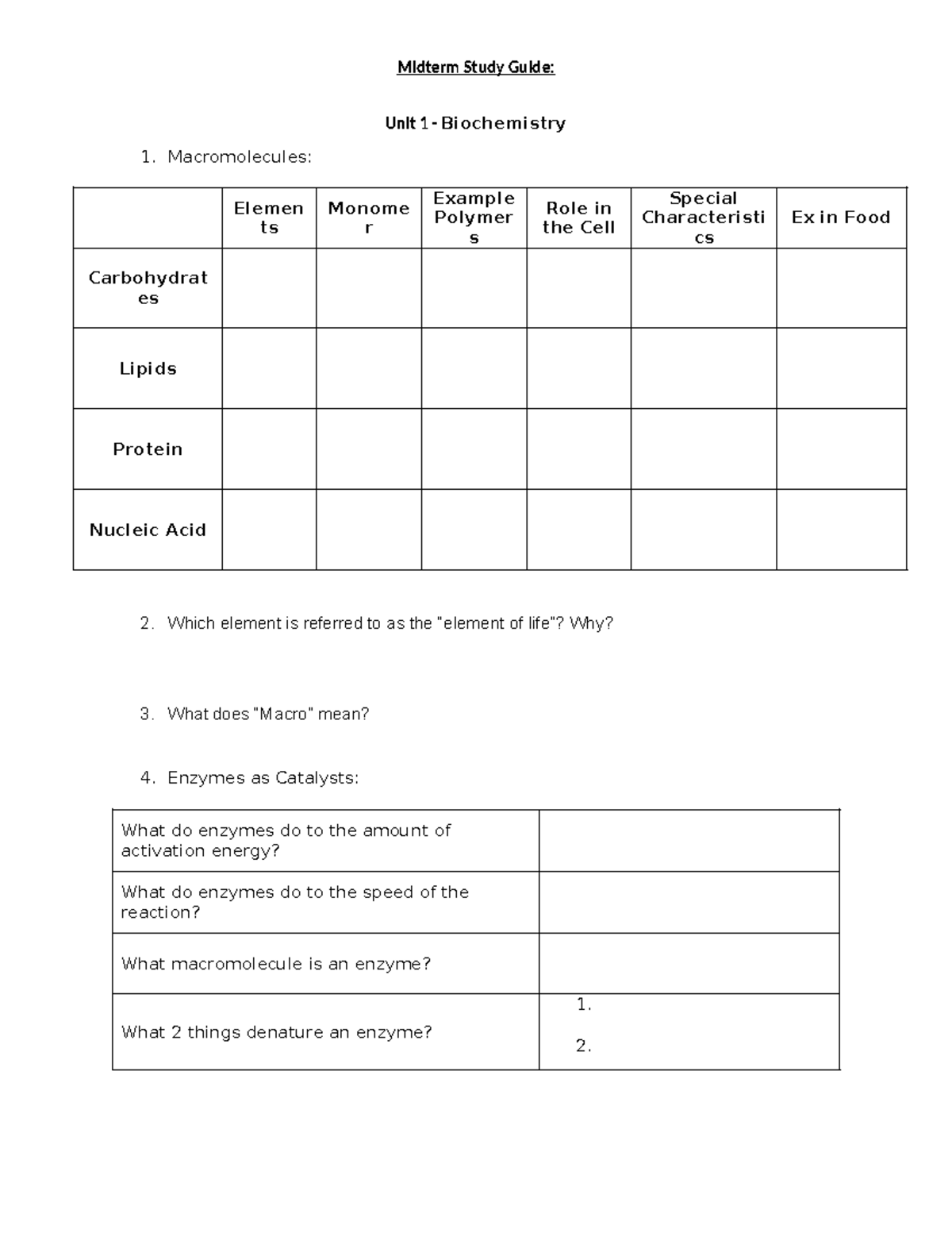 Midterm Study Guide On-Level 2023-1 - Unit 1 - Biochemistry 1 ...