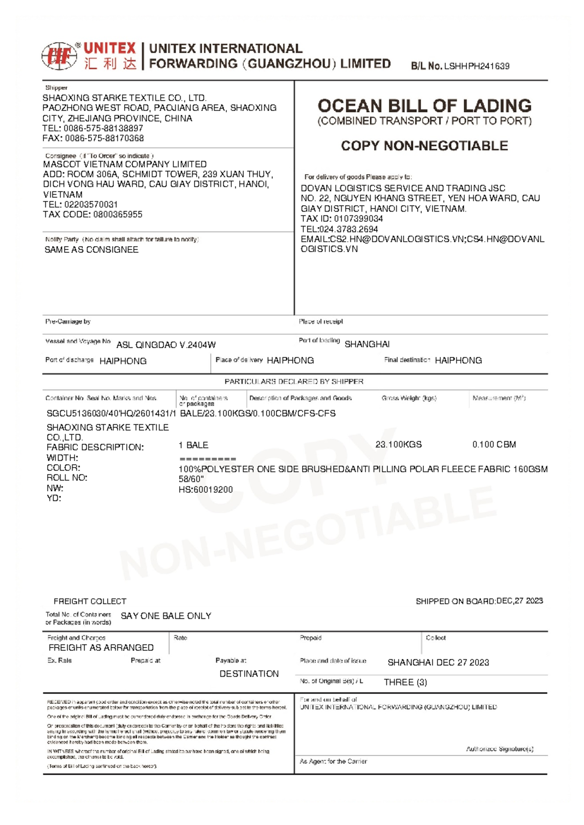 Chứng từ 5 - bbbb - SHANGHAI HAIPHONG HAIPHONG ASL QINGDAO V HAIPHONG ...