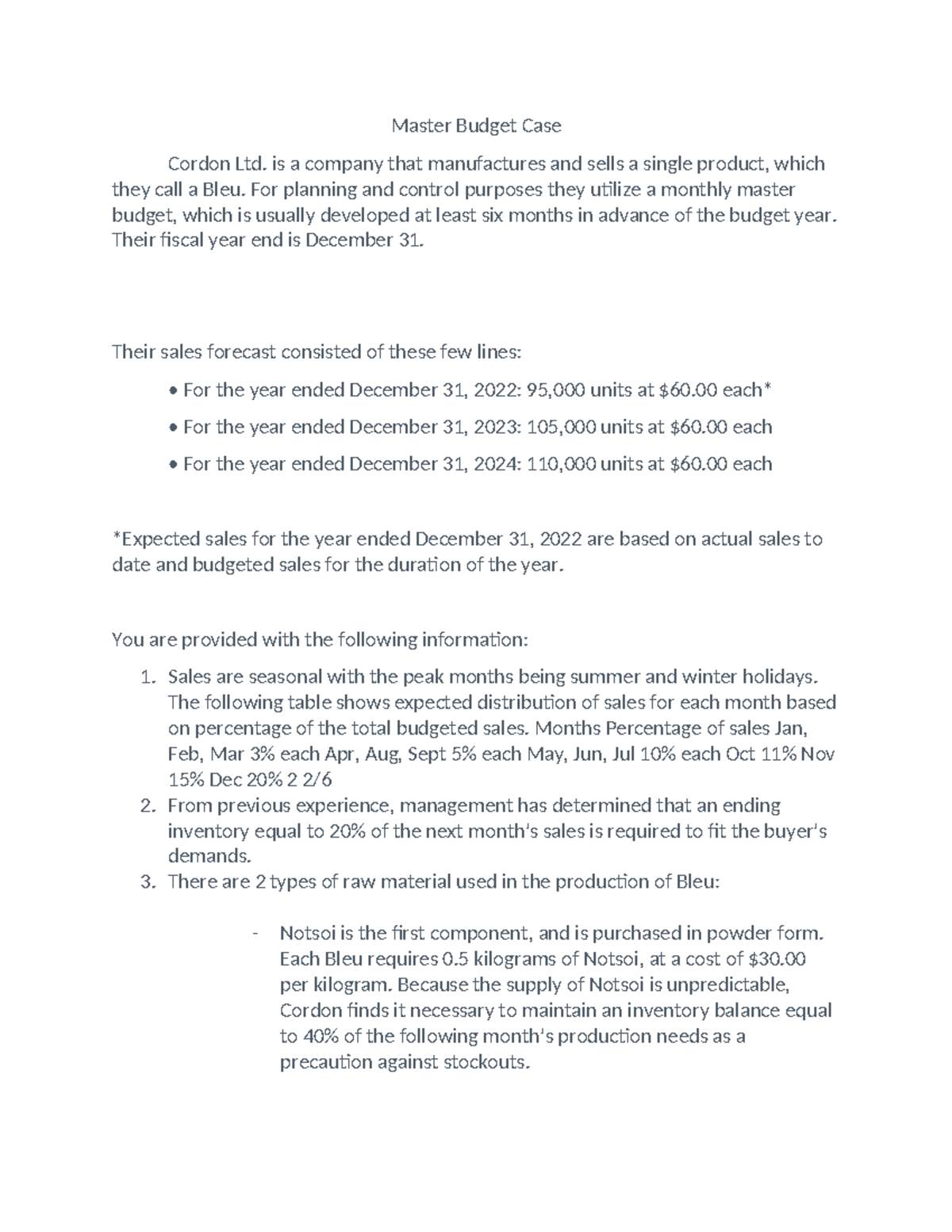 Master Budget Assignment FA2023 - Master Budget Case Cordon Ltd. is a ...