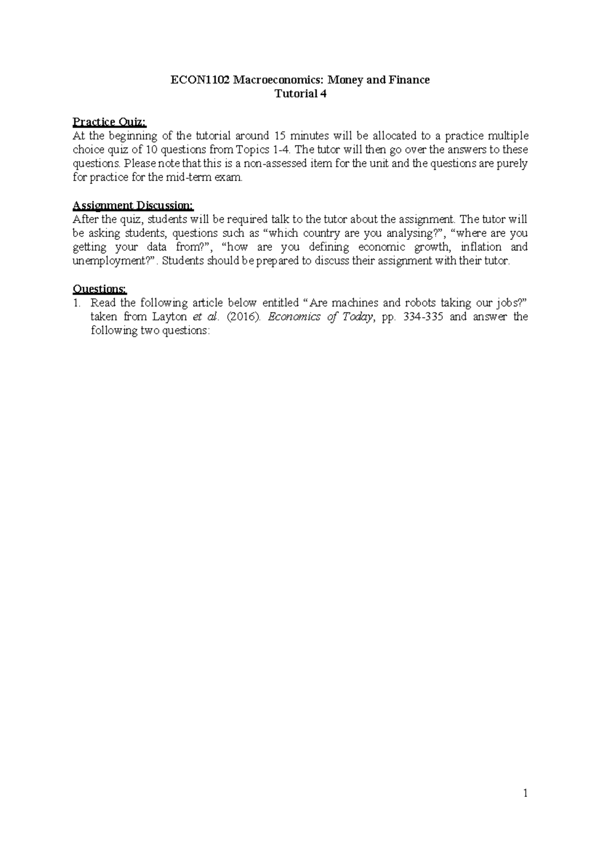 Tutorial 4 Questions - ECON1102 Macroeconomics: Money and Finance ...