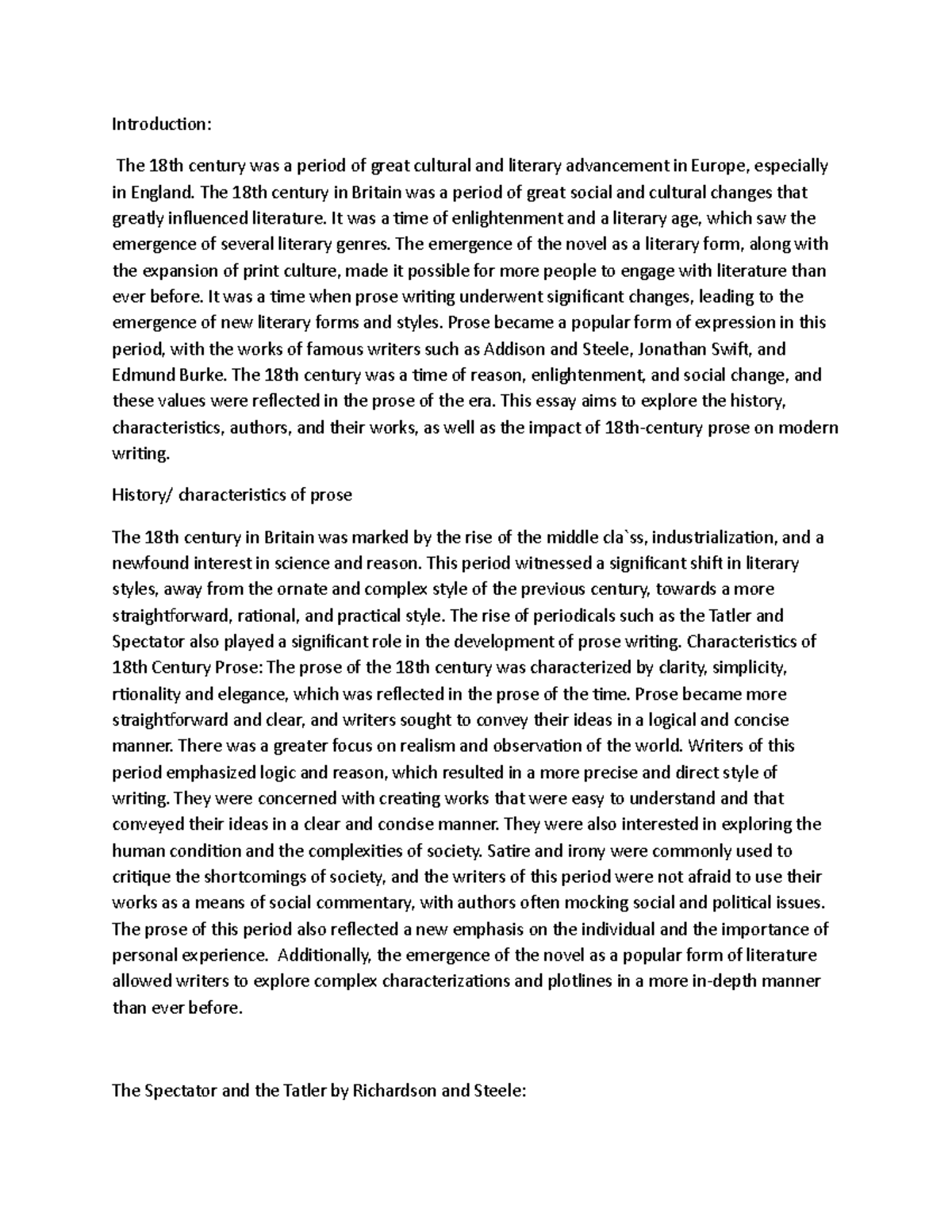 18 cen final - summary of 18th century prose in England. - Introduction ...