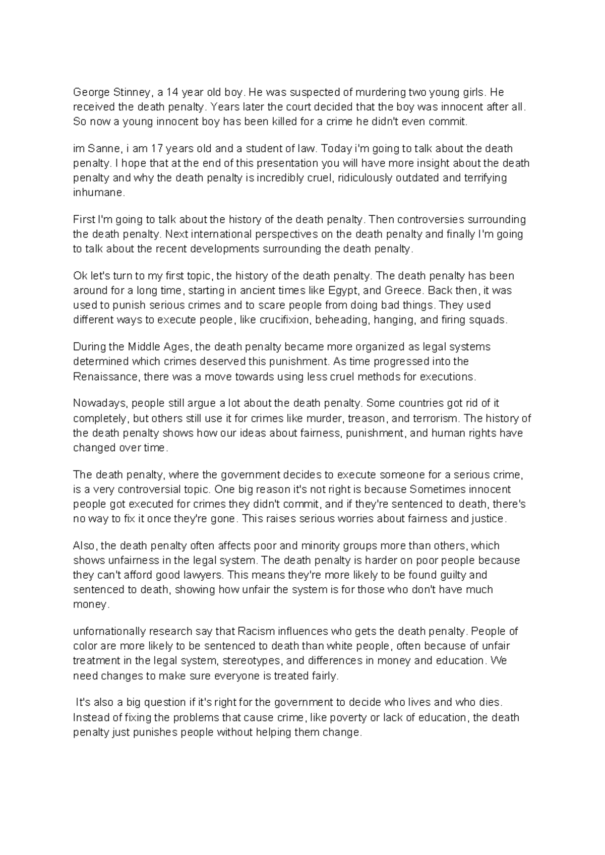 Engels tekst - George Stinney, a 14 year old boy. He was suspected of ...