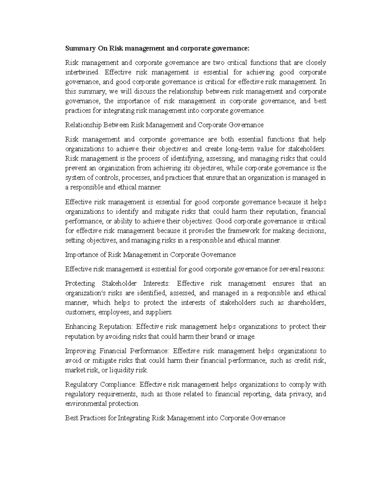 Summary On Risk management and corporate governance - Effective risk ...